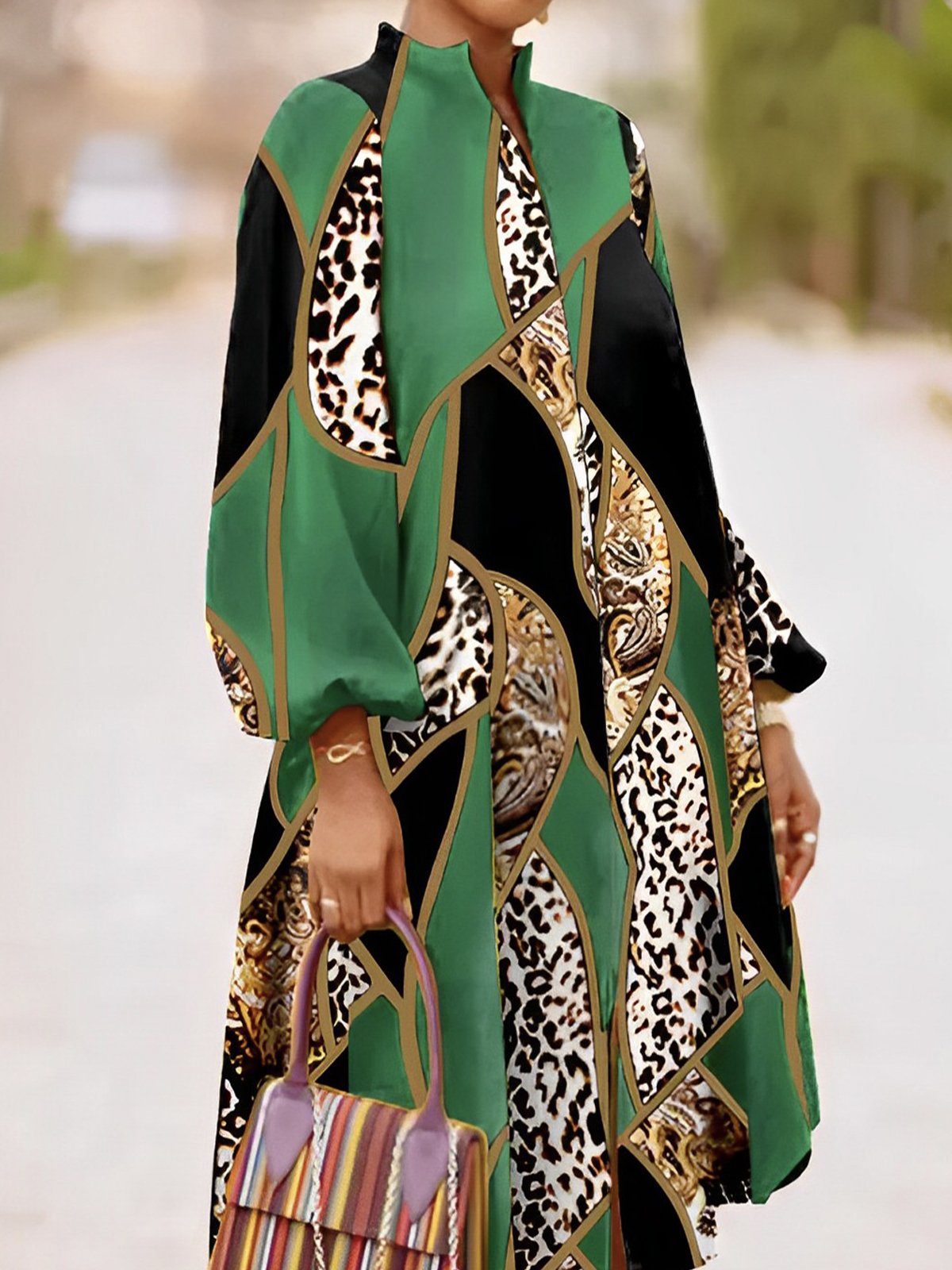 Long sleeve Loose Geometric Stand Collar Urban Dress | stylewe