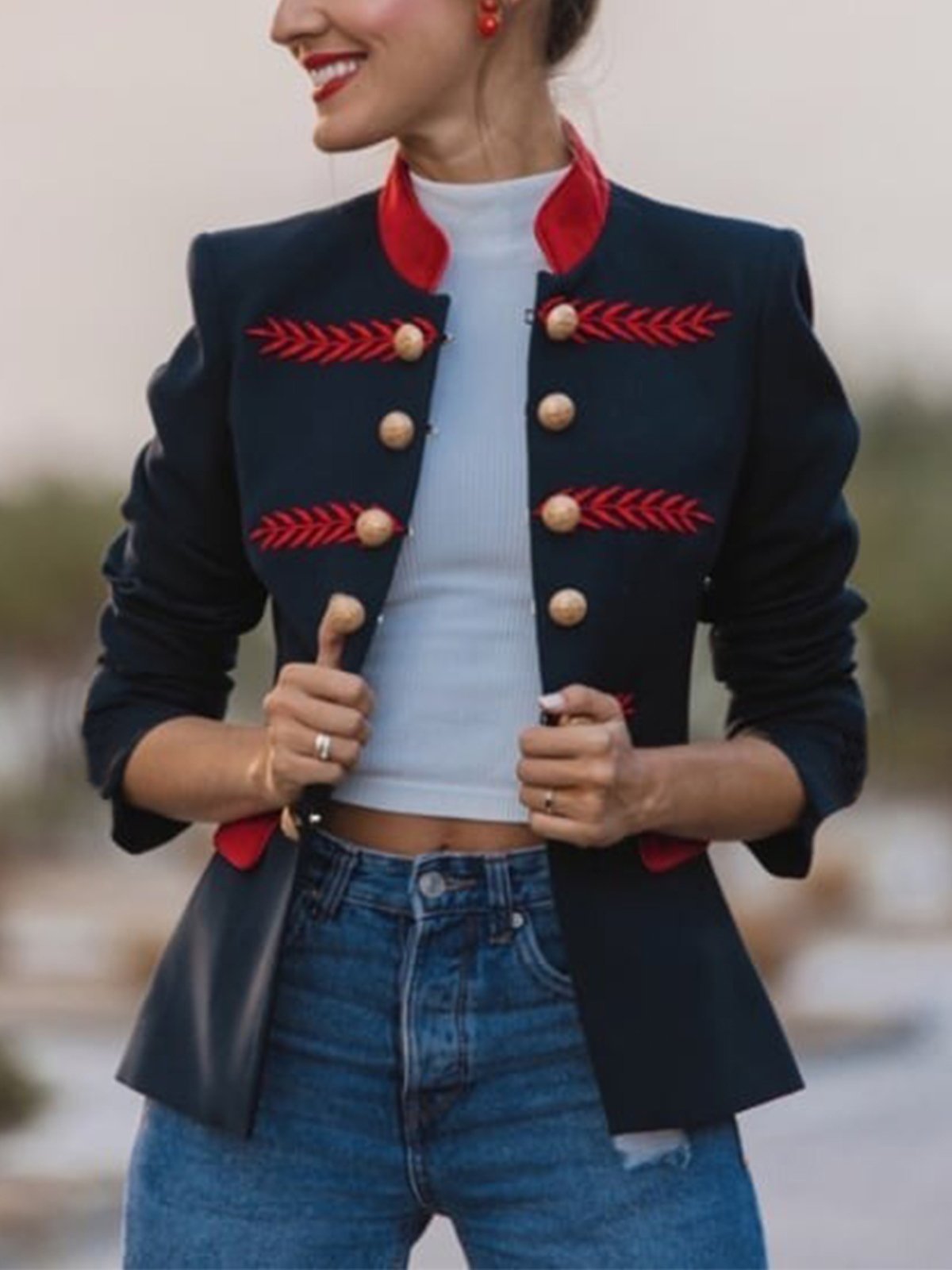Stand Collar Color Block Urban Long Sleeve Jacket | stylewe