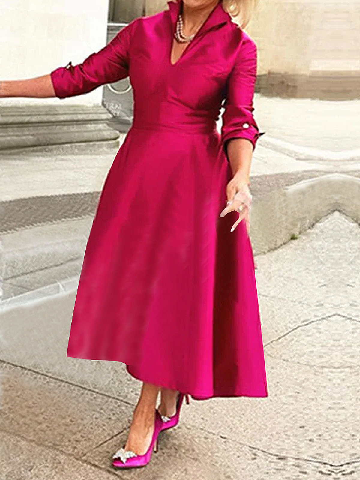 Three Quarter Sleeve Elegant Plain Regular Fit Shirt Dress | stylewe