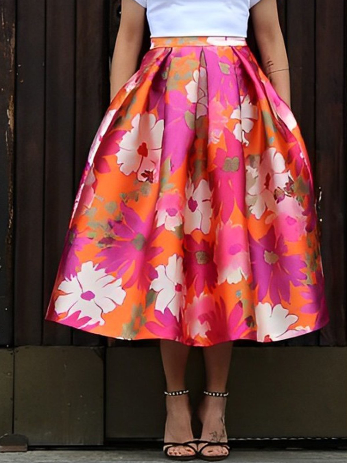 Elegant High Waist Satin Floral Skirt | stylewe
