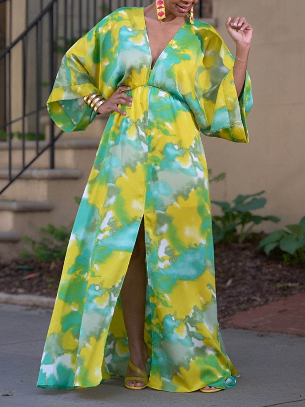 Random Print Loose V Neck Vacation Dress | stylewe