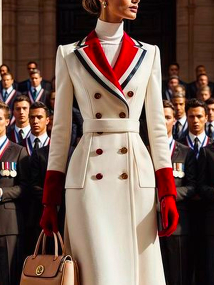 Leather-Patchwork Color Block Lapel Collar Coat with Belt | stylewe