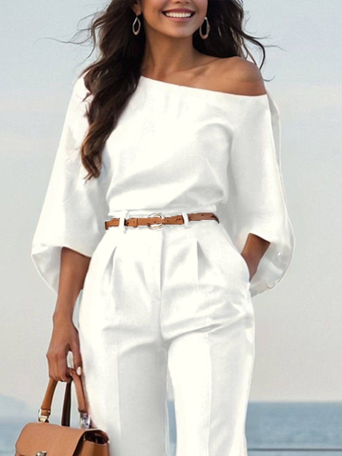 Urban Plain Irregular Craftsmanship One Shoulder Balloon Sleeve Blouse ...