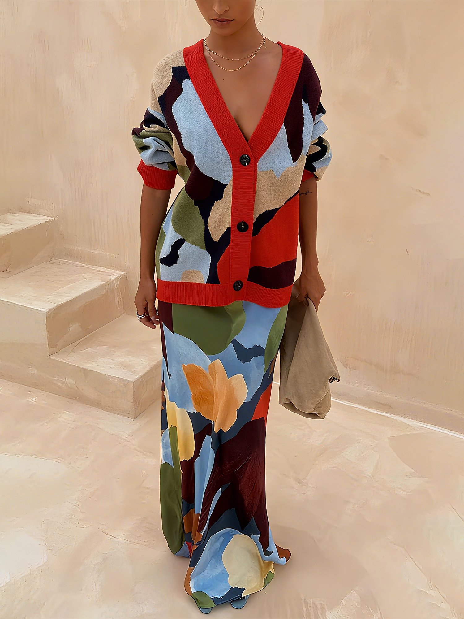 Casual Random Print V Neck Sweater Cardigan | stylewe