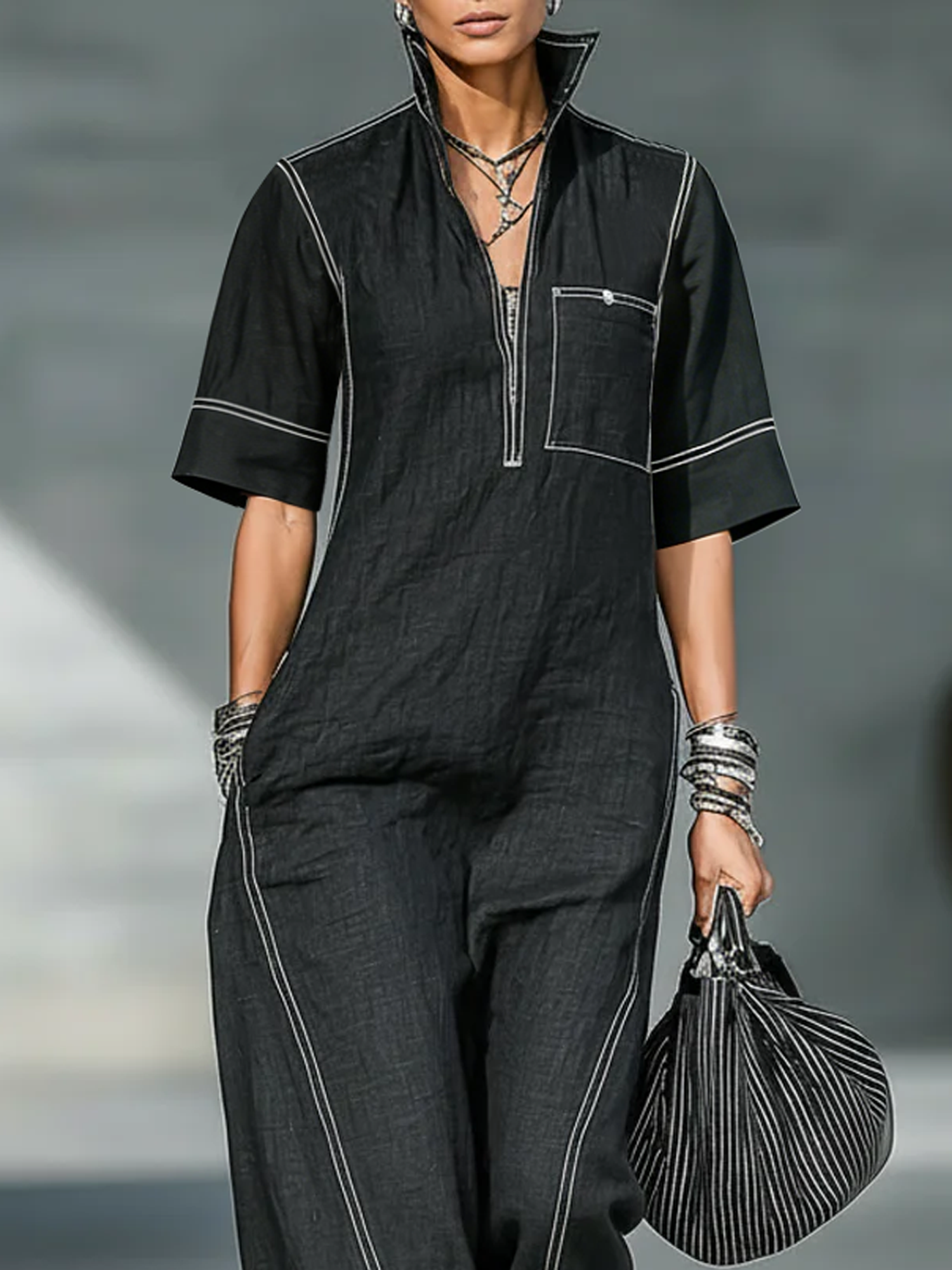 Casual Color Block Shirt Cotton And Linen Jumpsuit | stylewe