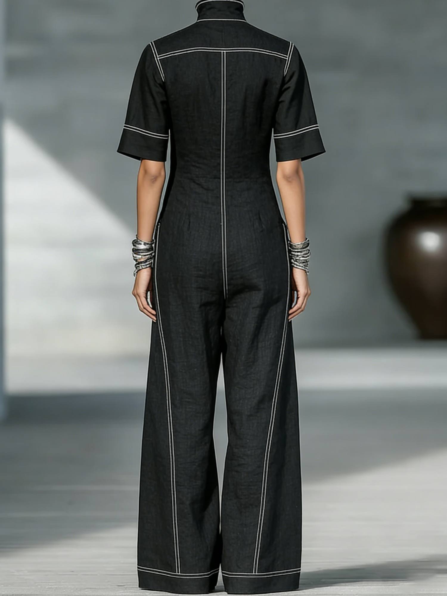Casual Color Block Shirt Cotton And Linen Jumpsuit | stylewe