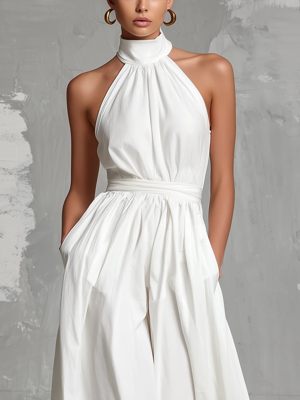 Vacation Cotton Lace-up Plain Halter Tank Jumpsuit With Belt | stylewe