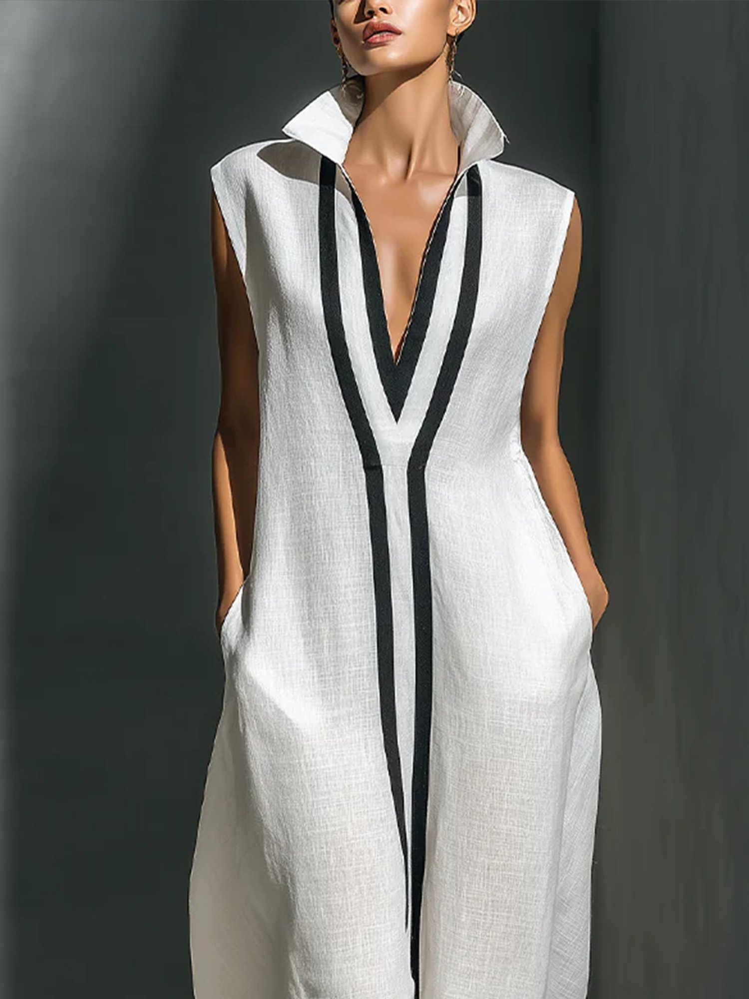 Cotton And Linen Casual Color Block Stand Collar Jumpsuit | stylewe