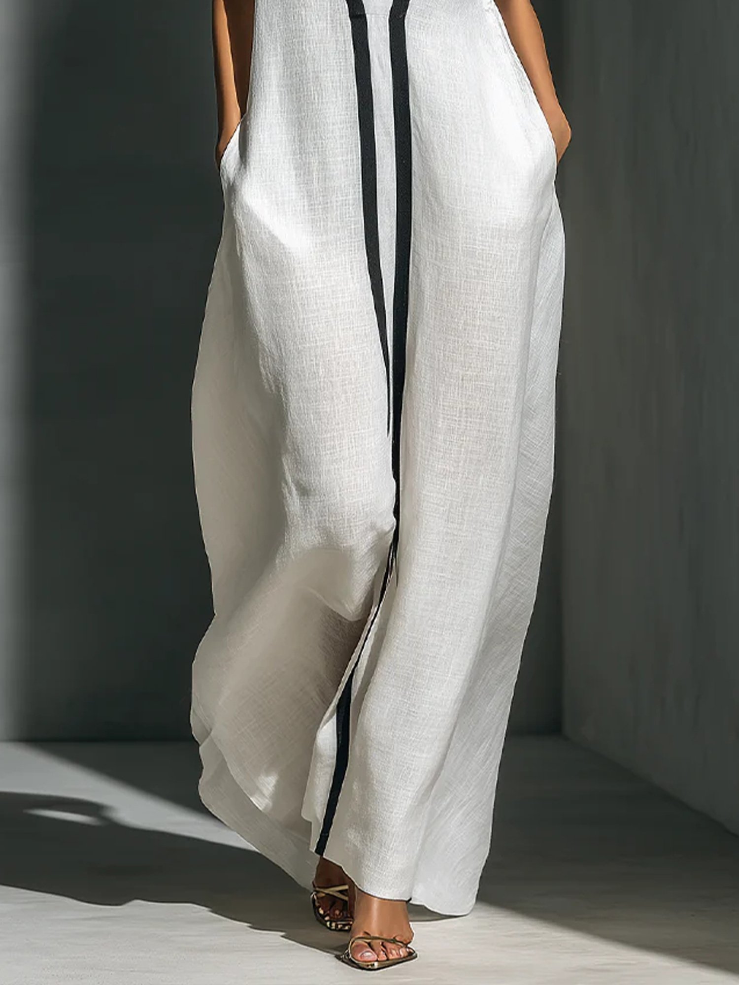 Cotton And Linen Casual Color Block Stand Collar Jumpsuit | stylewe