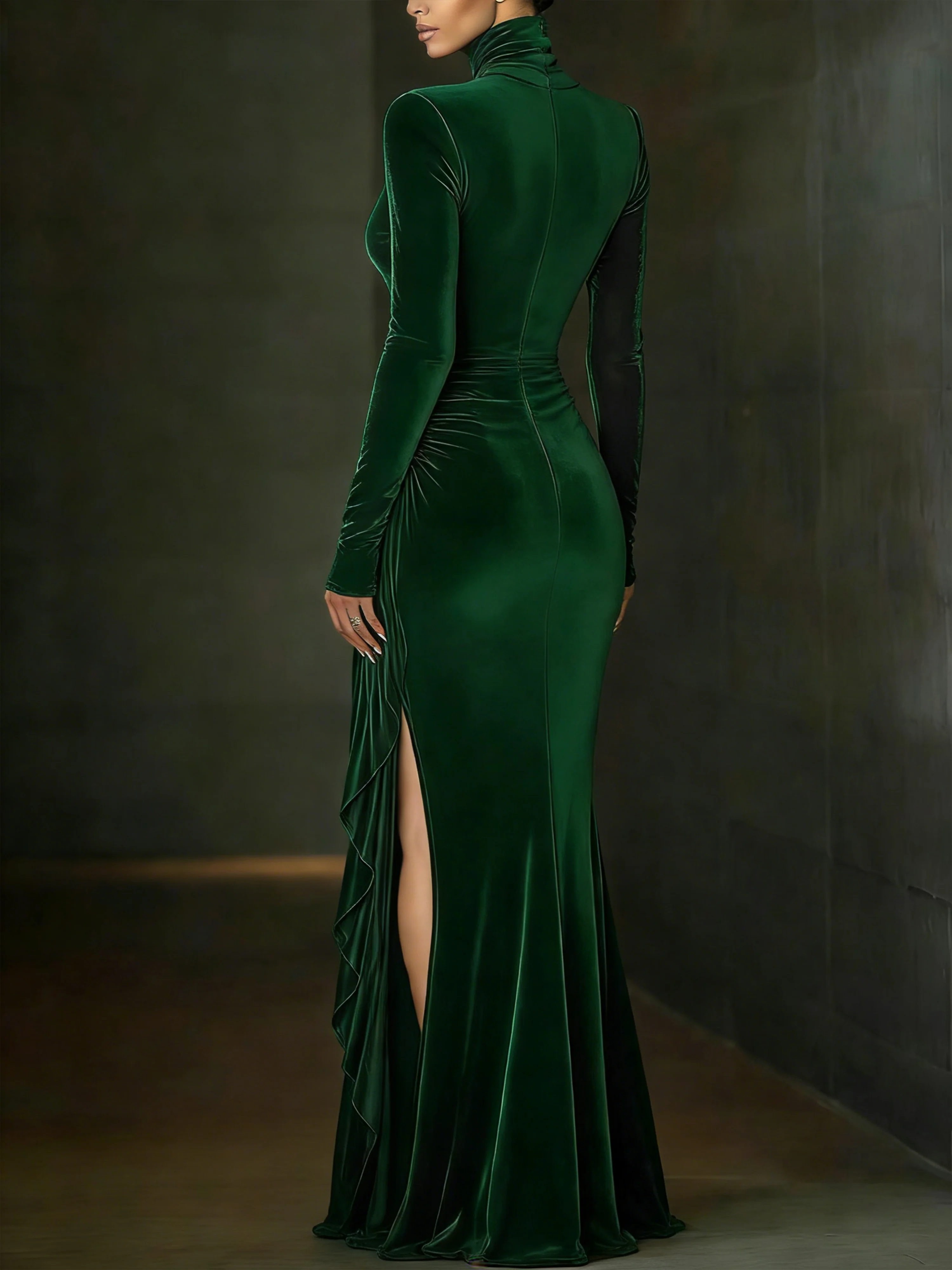 Elegant Velvet Stand Collar Maxi Gown with 3D Floral Appliqué | stylewe
