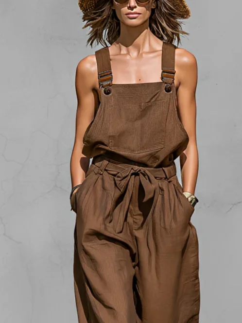 Cotton Casual Pockets Plain Overall Bib Pants | stylewe
