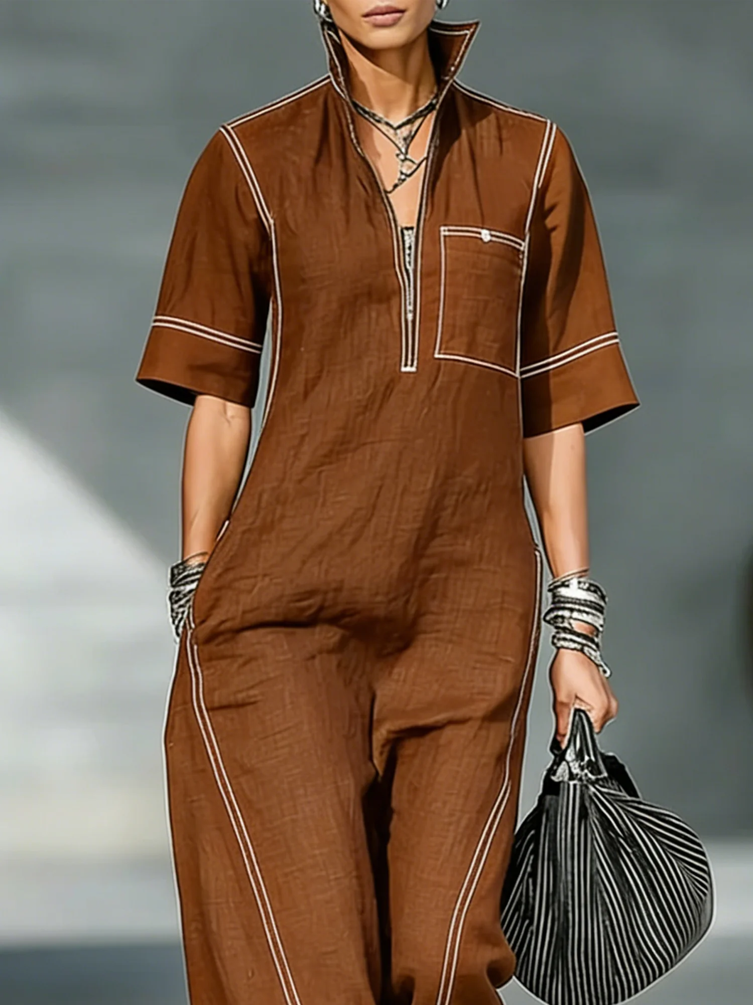 Casual Color Block Shirt Cotton And Linen Jumpsuit | stylewe