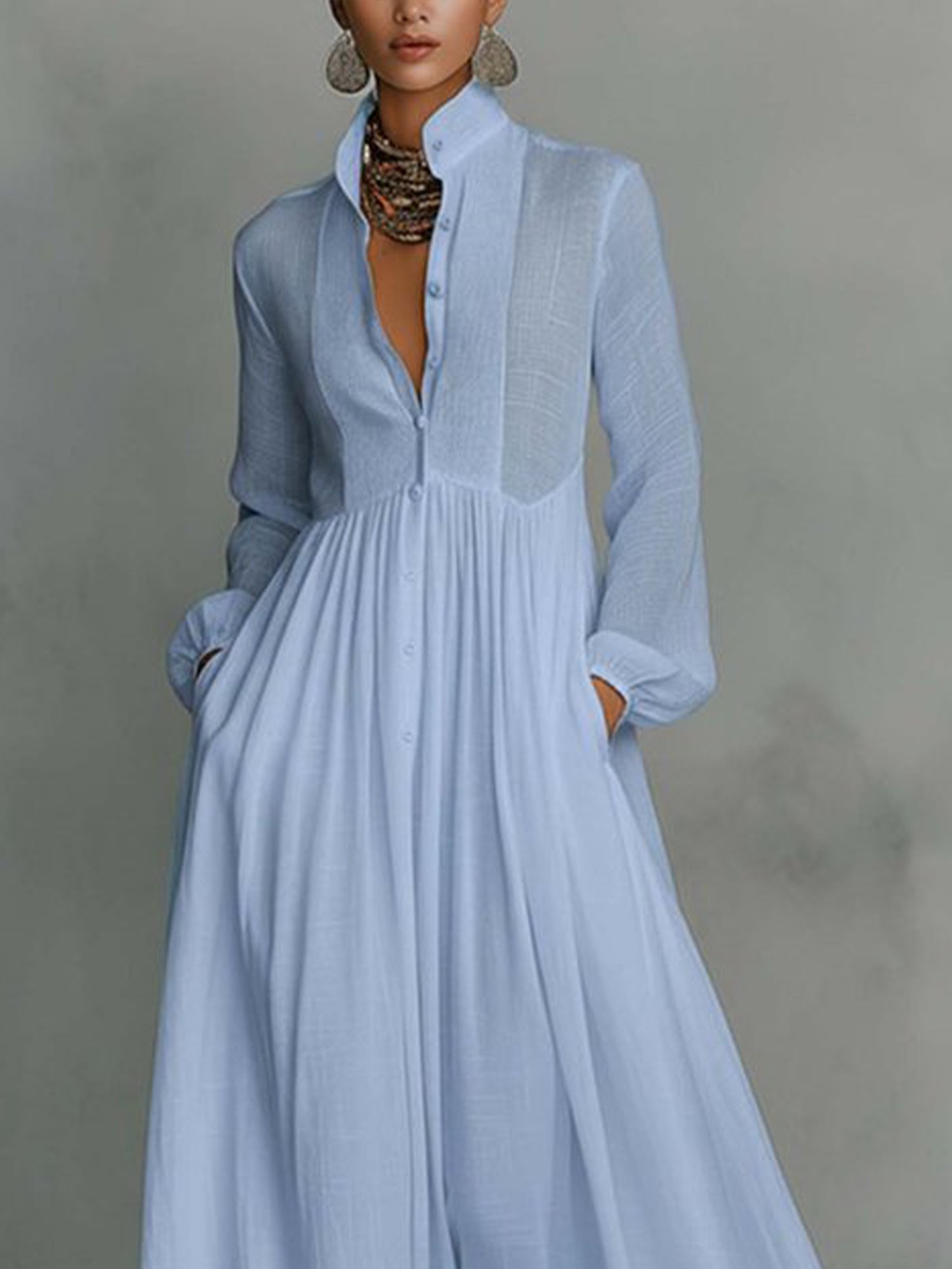 Casual Cotton Linen Maxi Dress High Waist Stand Collar Daily | stylewe