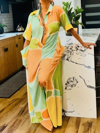 Casual Printing Colorblock Shawl Collar Shirt Jumpsuit | stylewe