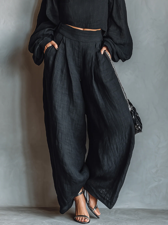 Cotton Casual Plain Wide Leg Pants | stylewe