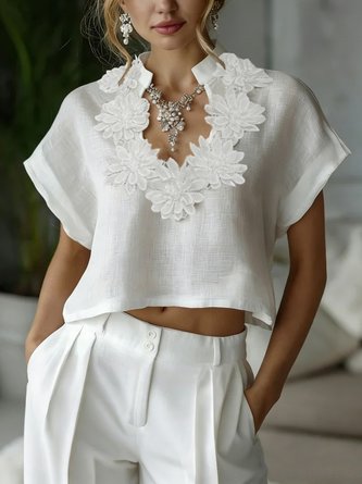 Cotton And Linen Casual Plain Stand Collar Blouse | stylewe