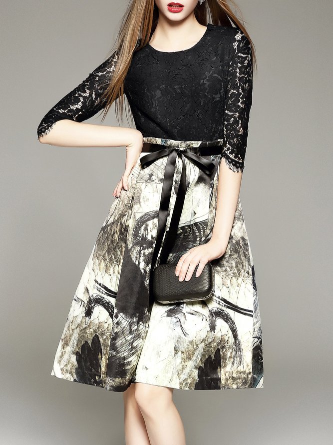 Black Sweet Printed Knee Length Dress | stylewe