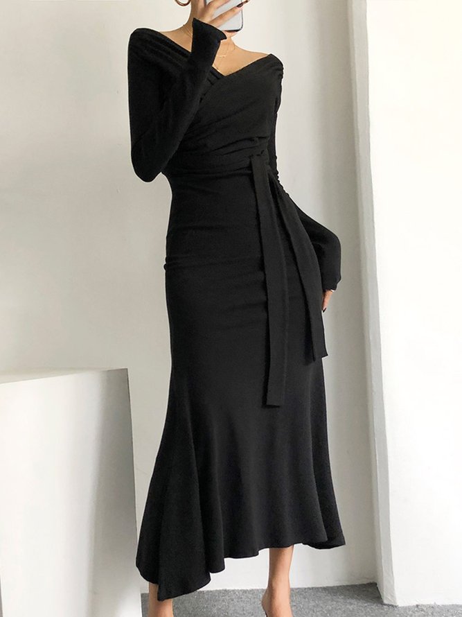 Black Daily Long sleeve Elegant Cross Neck Dress | stylewe
